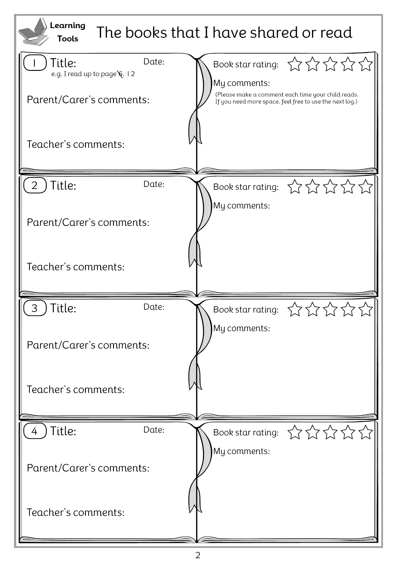 Reading Record - BE103 Year 2 Reading Record and Learning Tools (Purple ...